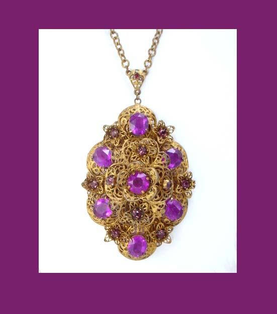 Large Royal Purple Rhinestone Filigree Necklace