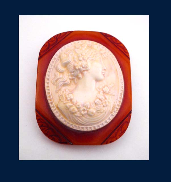 Caramel Colored Bakelite & Celluloid Cameo Brooch