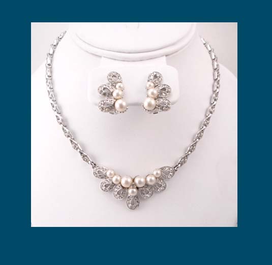 Glass Pearl & Rhinestone Bogoff Necklace & Earrings