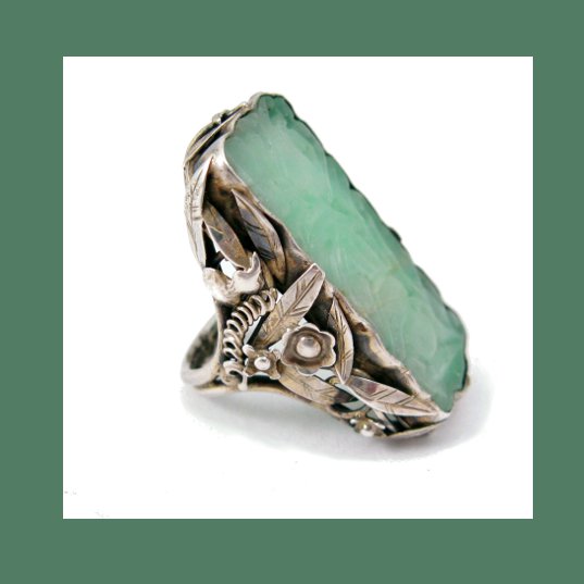 Large Carved Jade Silver Ring
