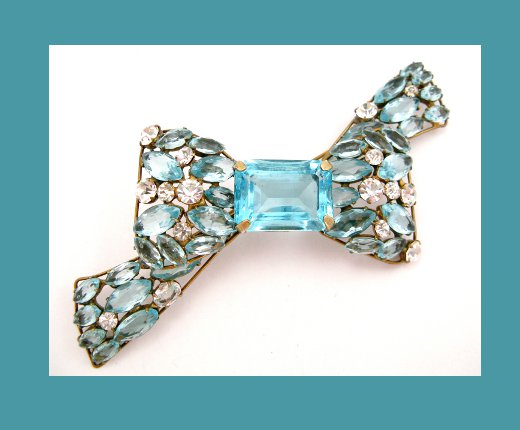 Large Vogue Sterling and Aqua Rhinestone Bow Pin