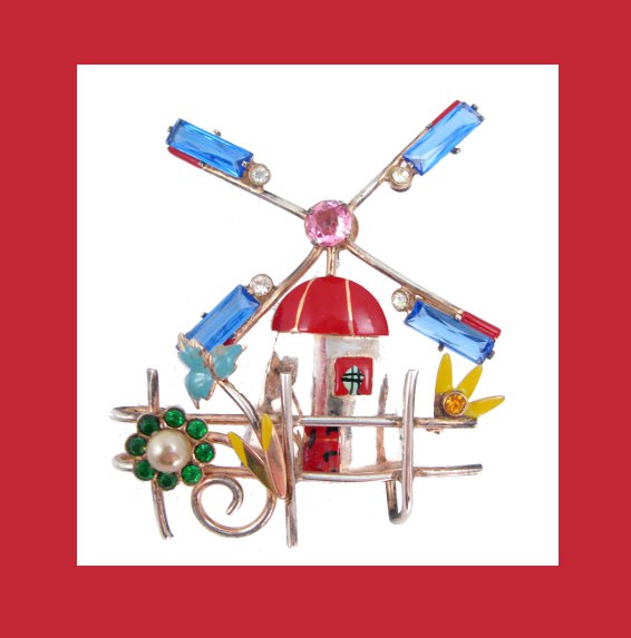 Sterling and Enamel Rhinestone Windmill Pin