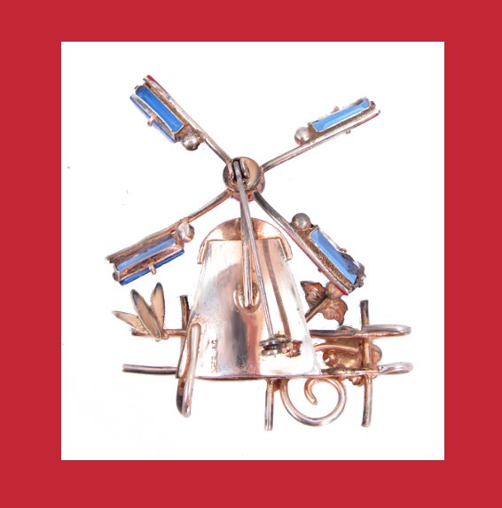 Sterling and Enamel Rhinestone Windmill Pin